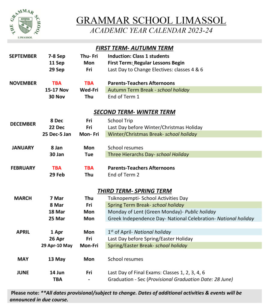 School Calendar – The Grammar School